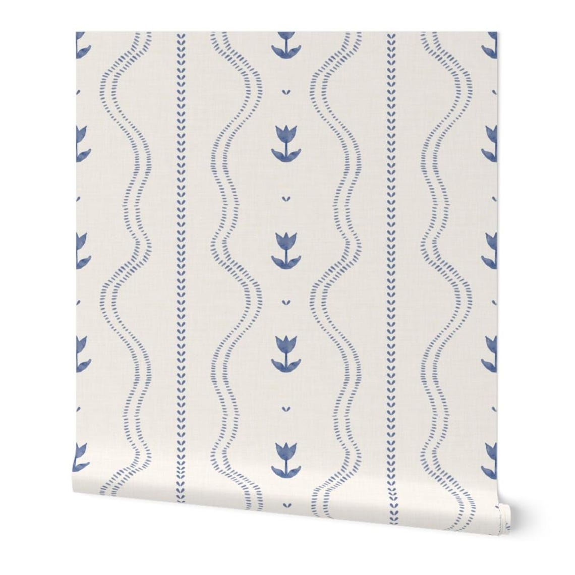 Cottagecore Blue Tulip Vine Lattice Stripe Soft Botanical Wallpaper ...