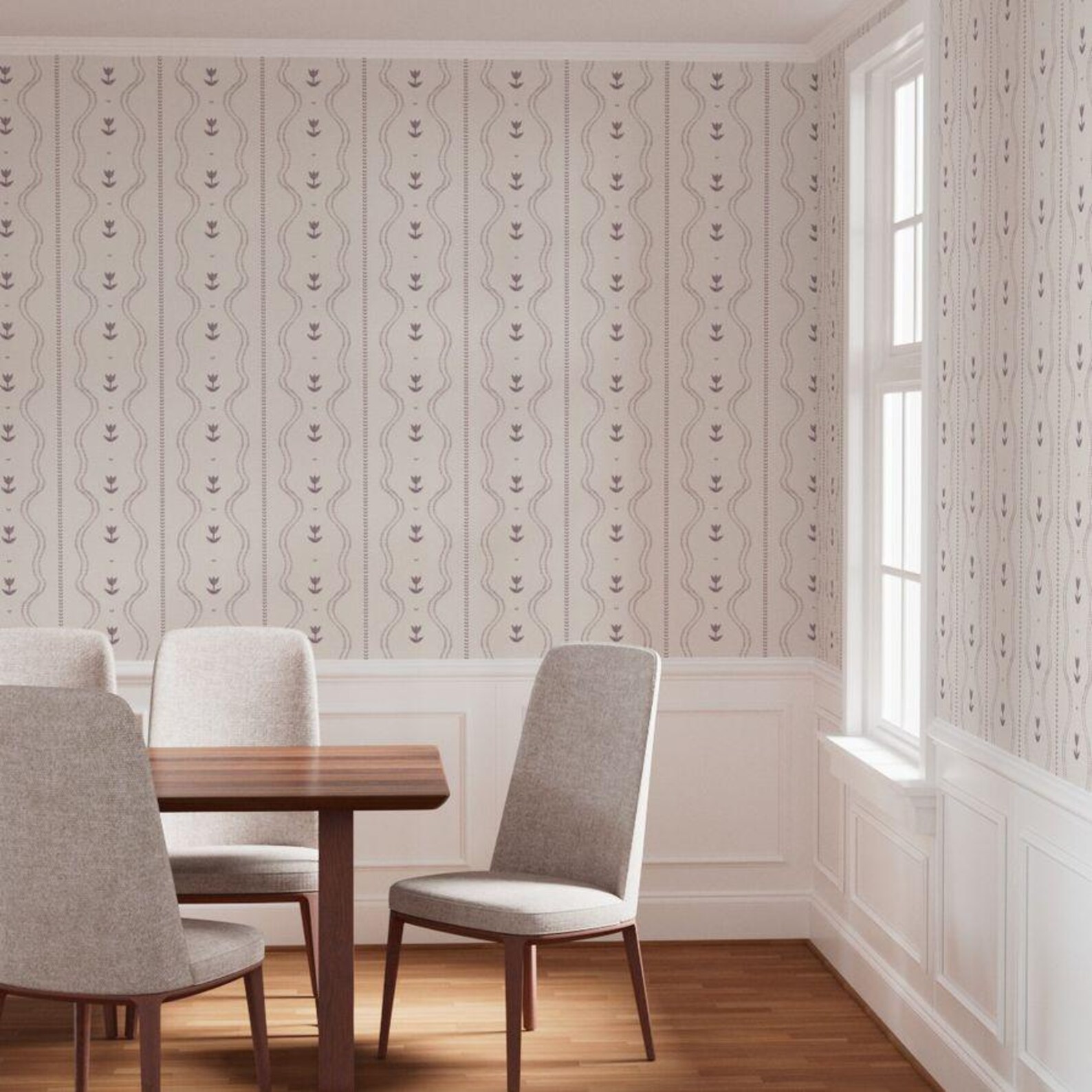 Cottagecore Mauve Tulip Vine Lattice Stripe Soft Botanical Wallpaper ...