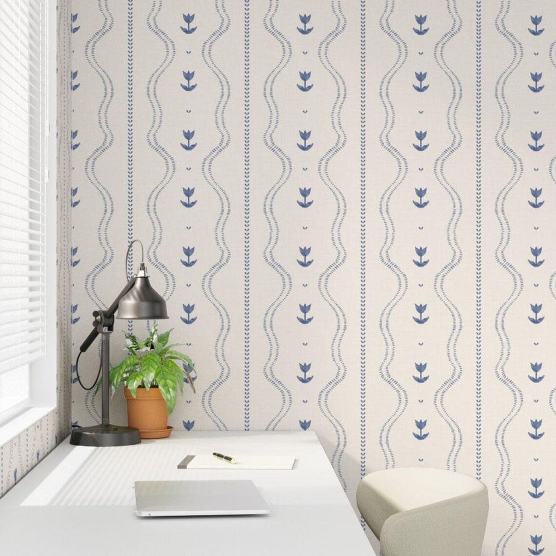 Cottagecore Blue Tulip Vine Lattice Stripe Soft Botanical Wallpaper ...