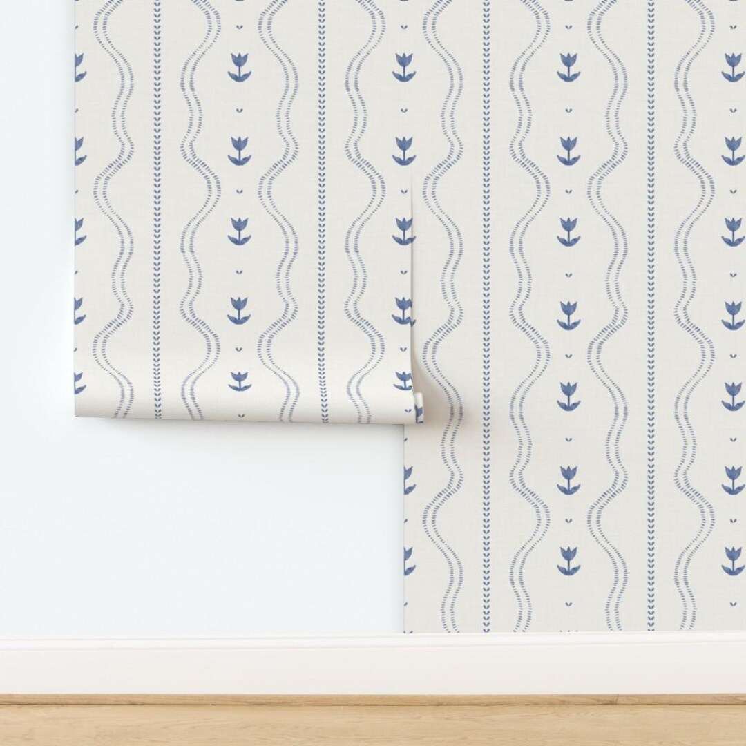 Cottagecore Blue Tulip Vine Lattice Stripe Soft Botanical Wallpaper ...