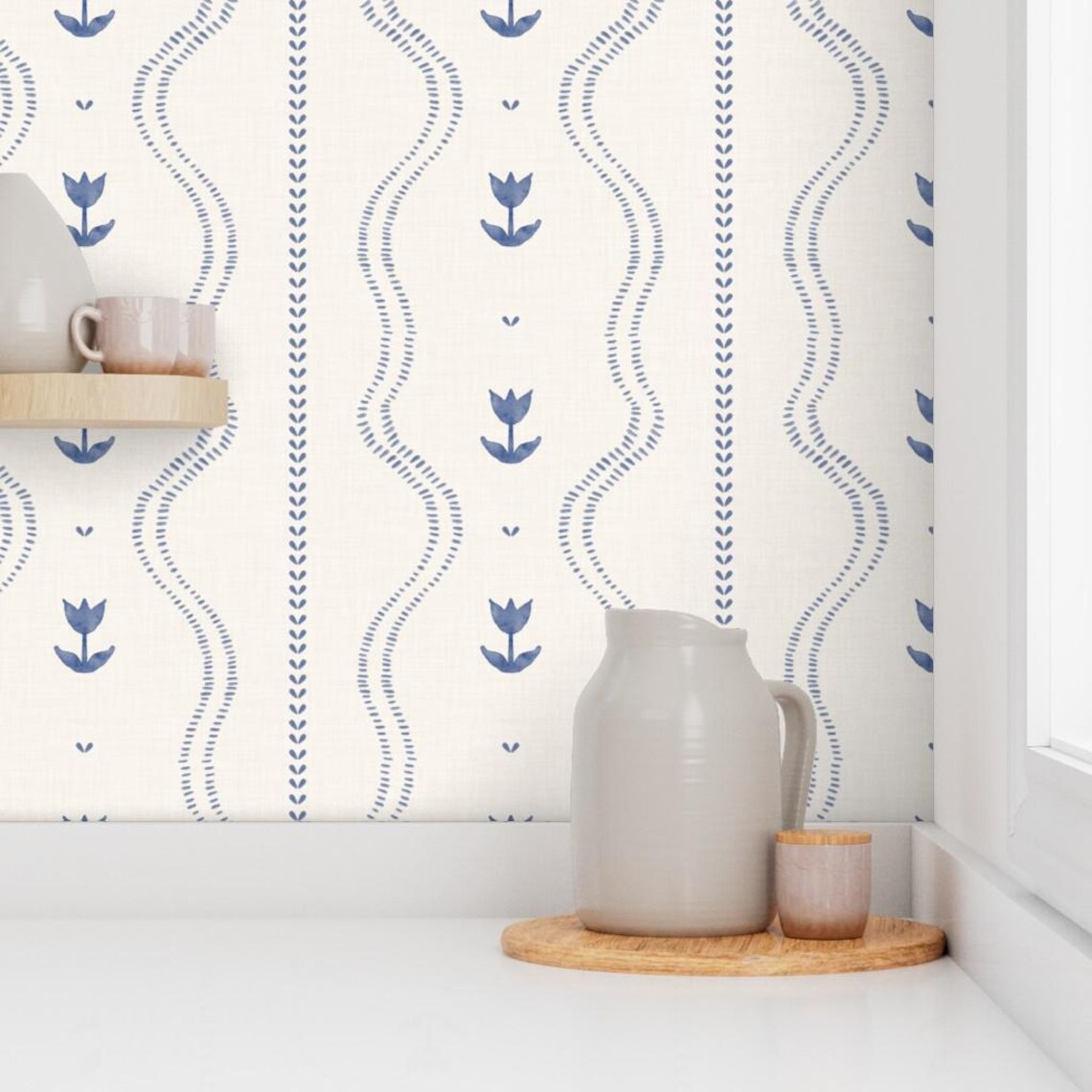 Cottagecore Blue Tulip Vine Lattice Stripe Soft Botanical Wallpaper ...