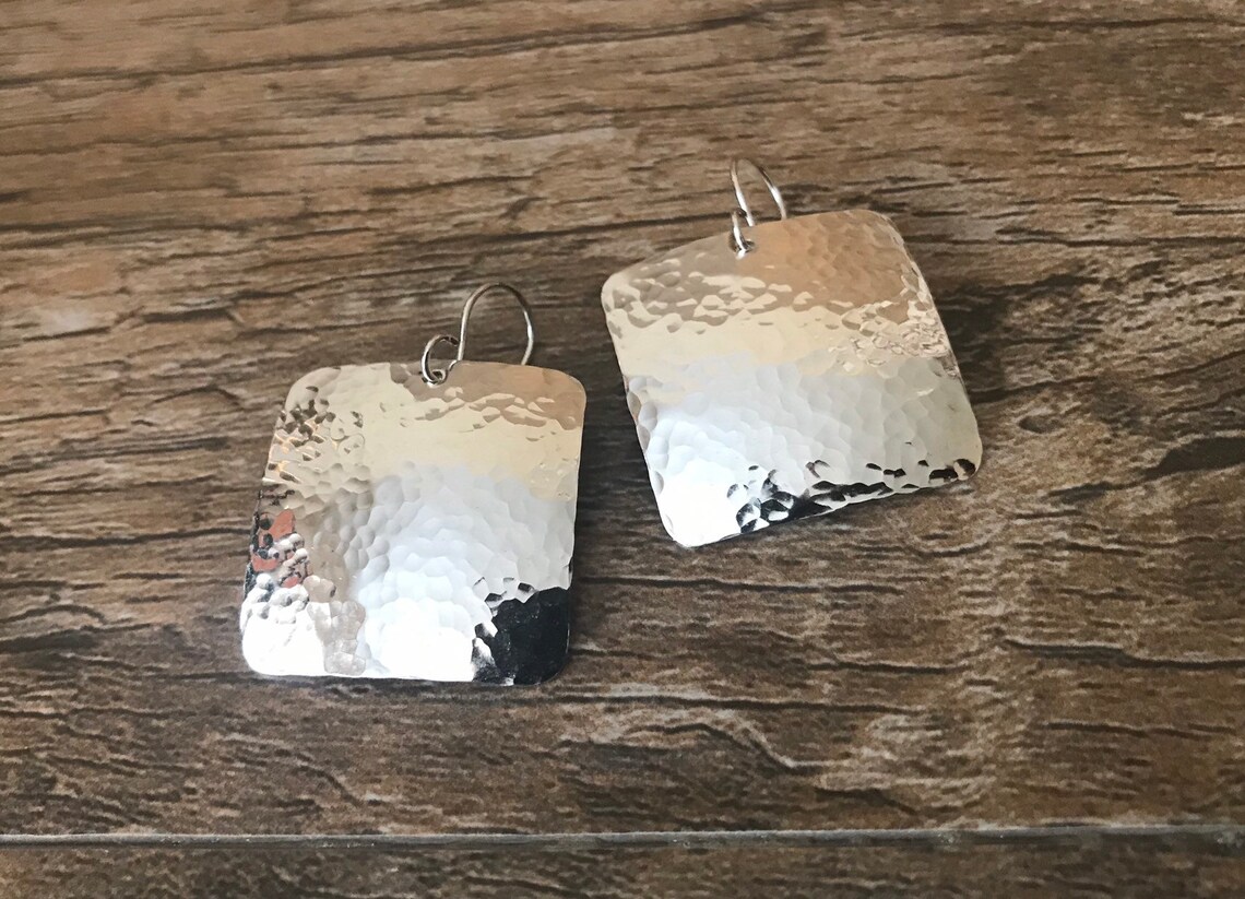 Square Sterling Silver Earrings Hammered Silver Square - Etsy