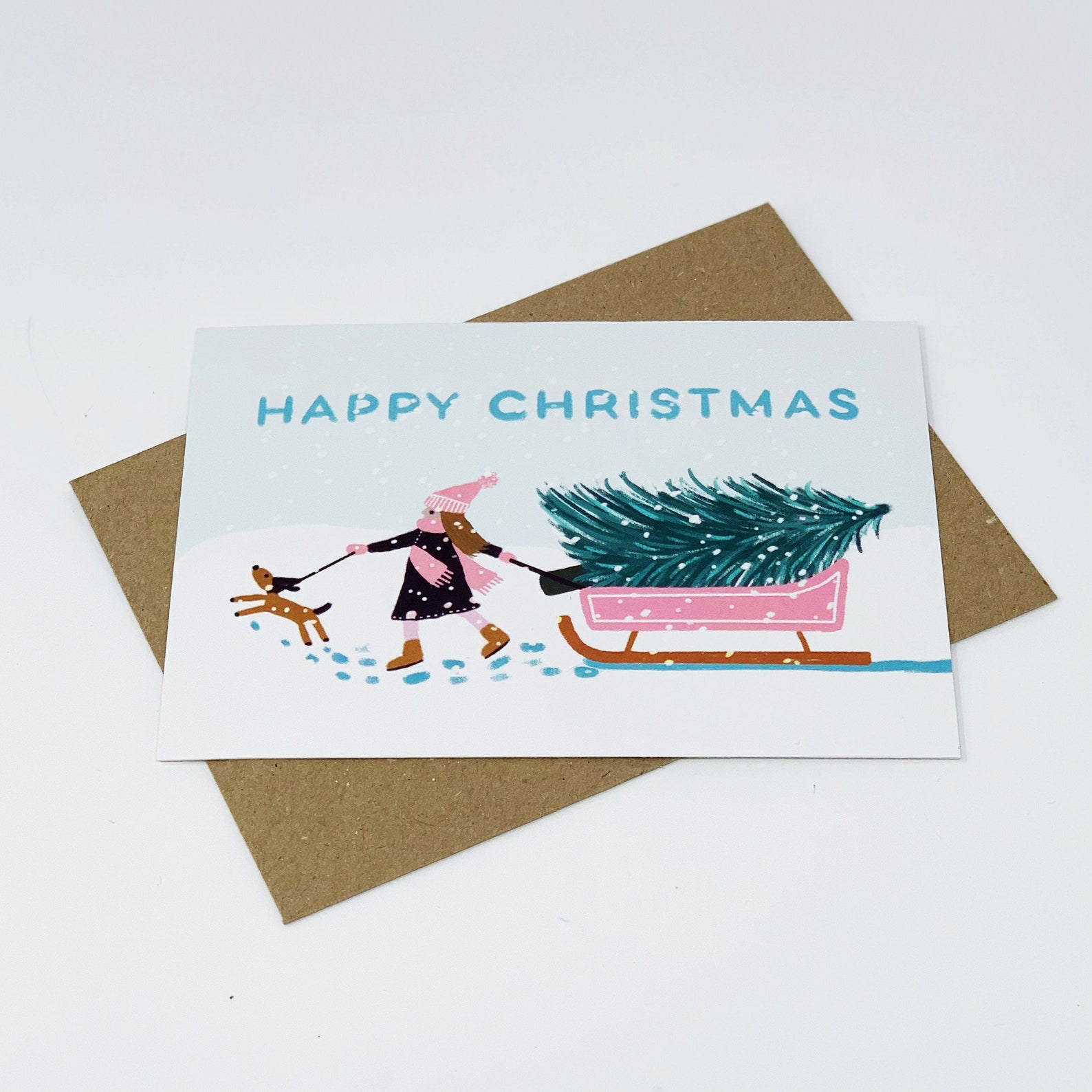 Happy Christmas Card: Girl, Dog & Tree on Sledge - Etsy