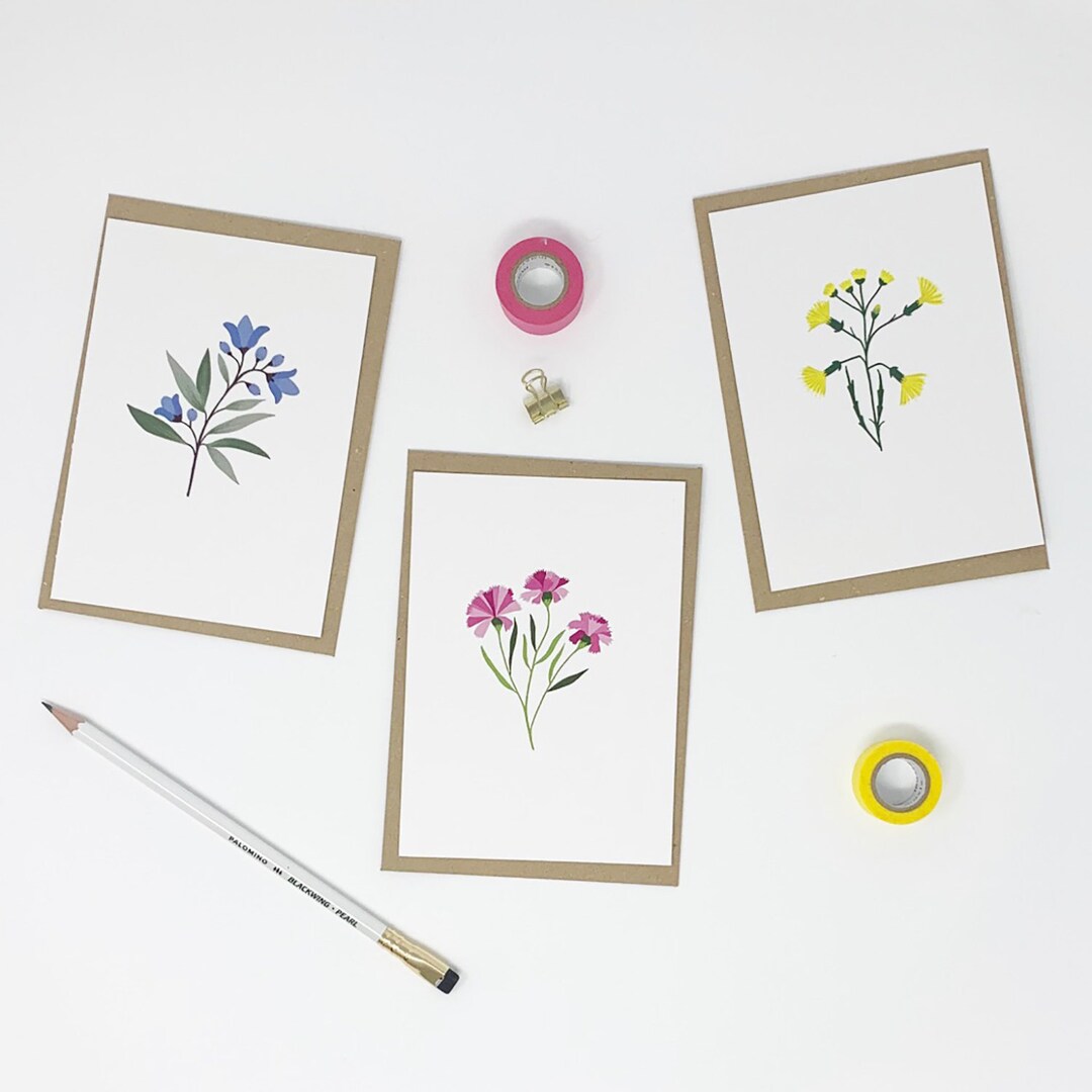 Pack of 6 Illustrated Flower Cards - Notecards - Floral Card Set ...