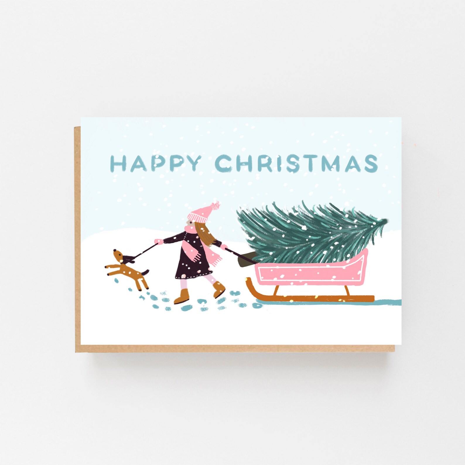Happy Christmas Card: Girl, Dog & Tree on Sledge - Etsy