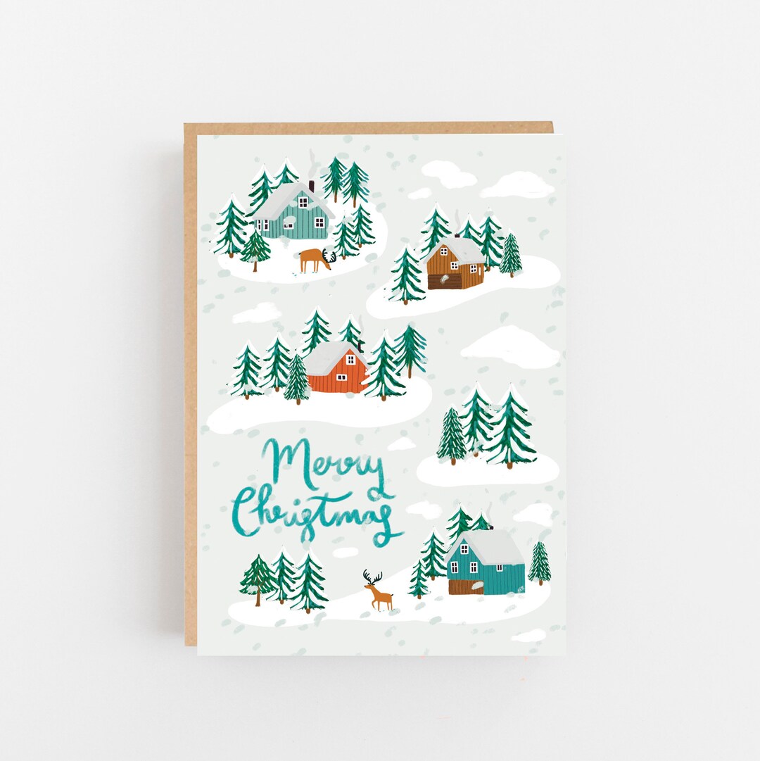 Little Log Cabins in the Snow Christmas Card - Merry Christmas Card ...