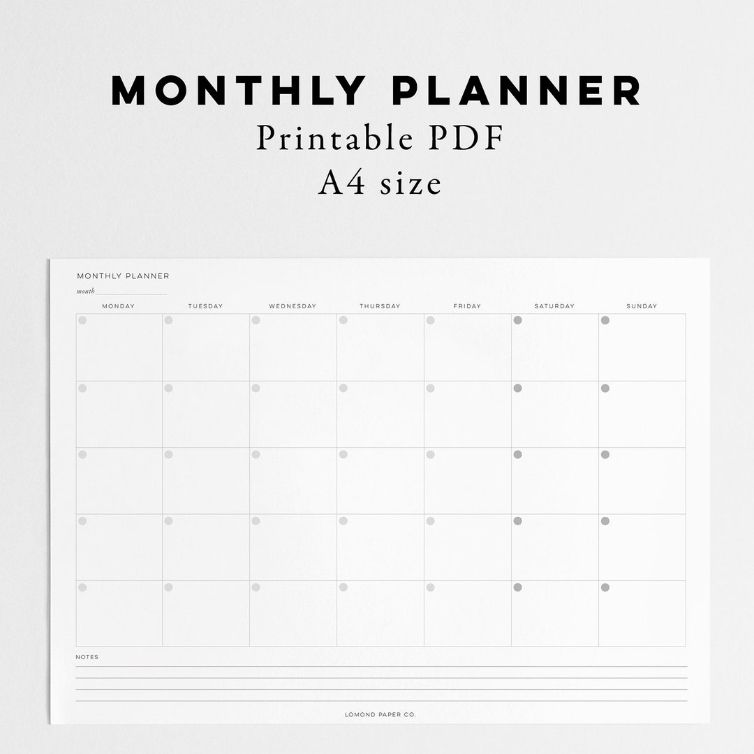 A4 Monthly Printable - Month at a Glance - Monthly Organiser - Monthly ...