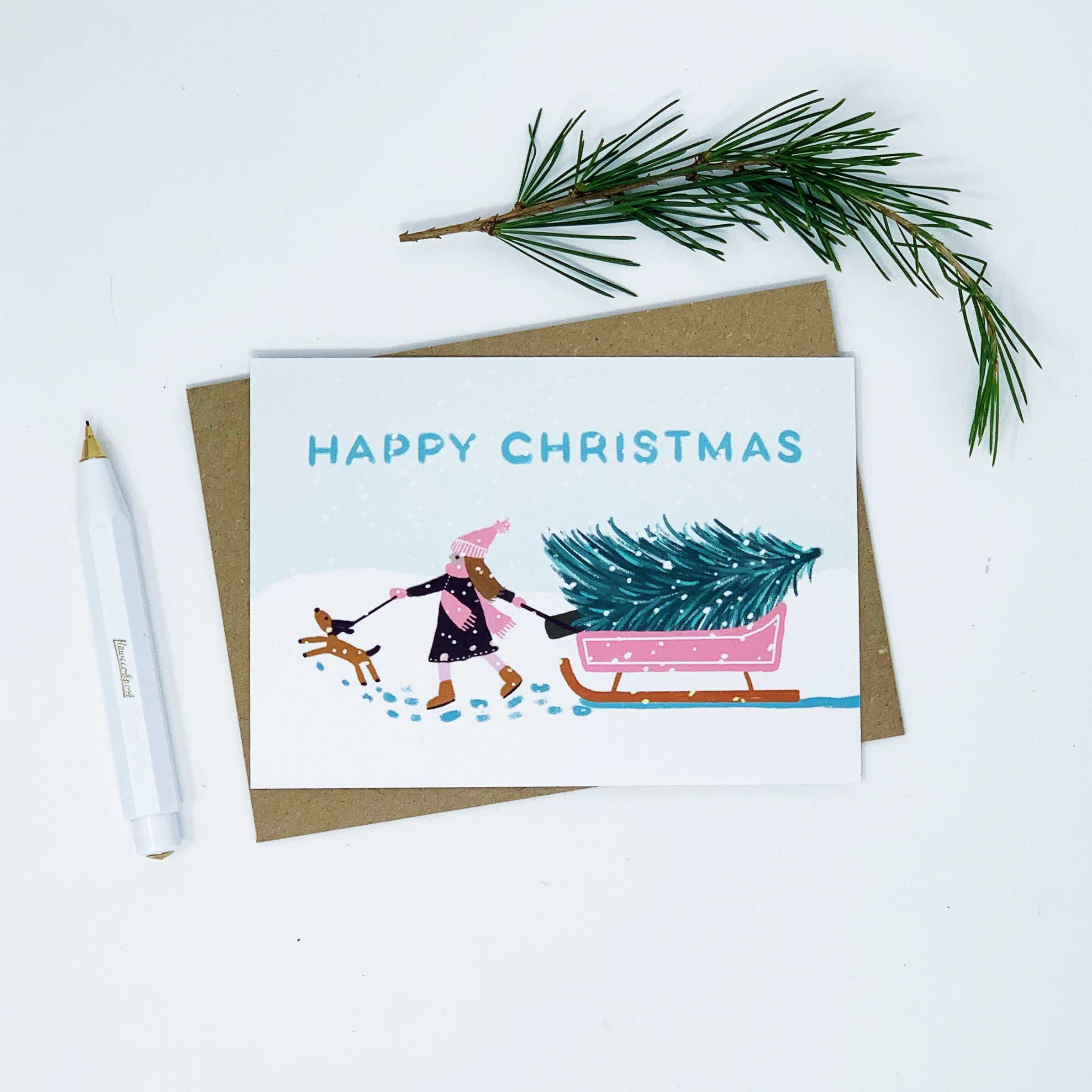 Happy Christmas Card: Girl, Dog & Tree on Sledge - Etsy