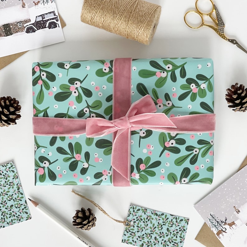 Christmas AQUA Mistletoe Recyclable Wrapping Paper Set AQUA - Etsy