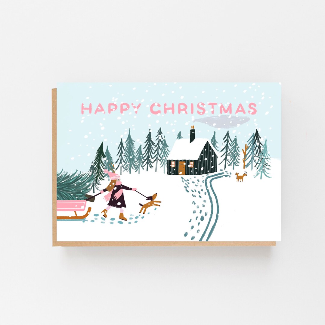 Happy Christmas Card: Girl, Dog & Sledge - Gouache Art - Etsy