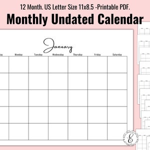 Printable Monthly Undated Calendar, Size 11x8.5 Horizontal, January ...