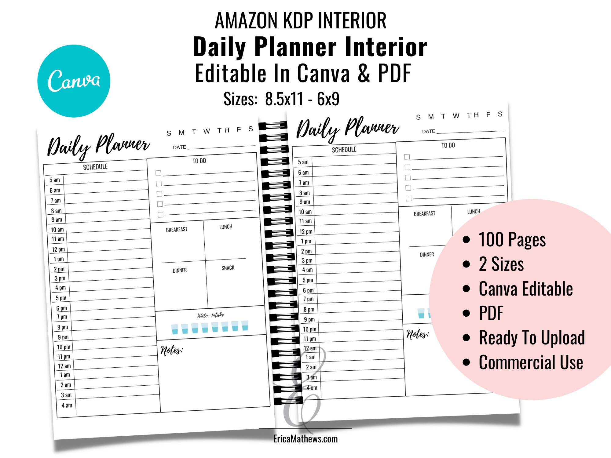 KDP Daily Planner Interior, 100 Pages, Canva Editable, Ready to Upload ...