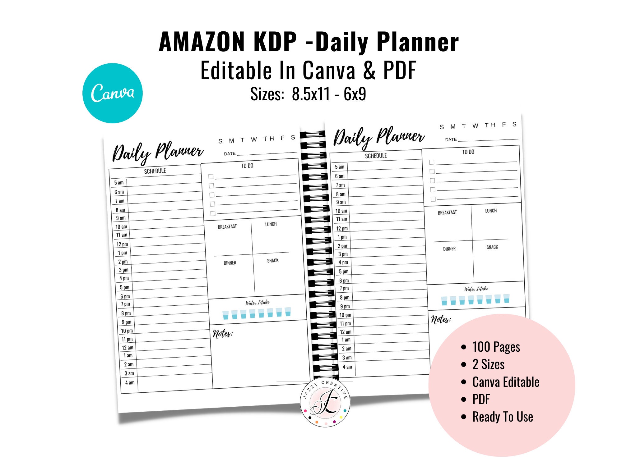 KDP Daily Planner Interior, 100 Pages, Canva Editable, Ready to Upload ...