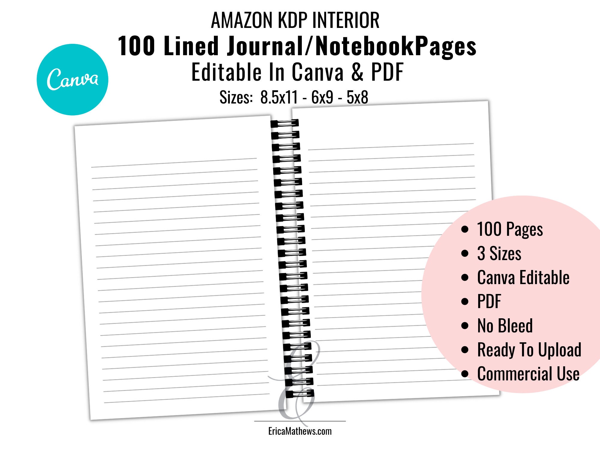 KDP Interior, 100 Lined Journal Pages, Canva Editable, Ready to Upload ...