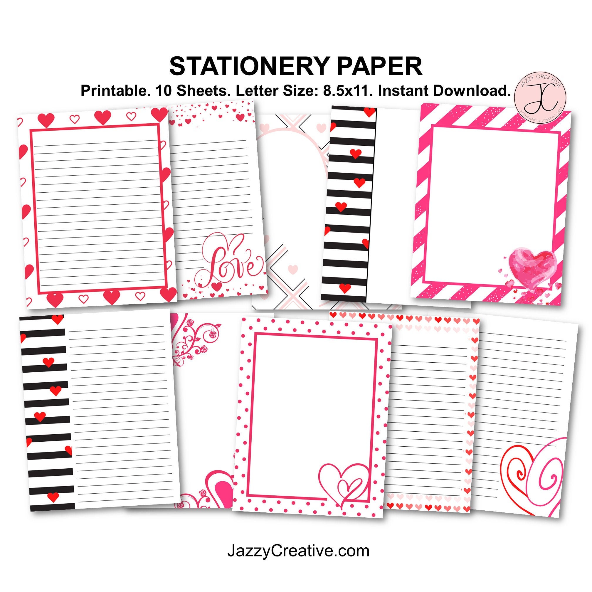 Hearts Stationery Paper Printable Lined Writing Paper Set Of Etsy