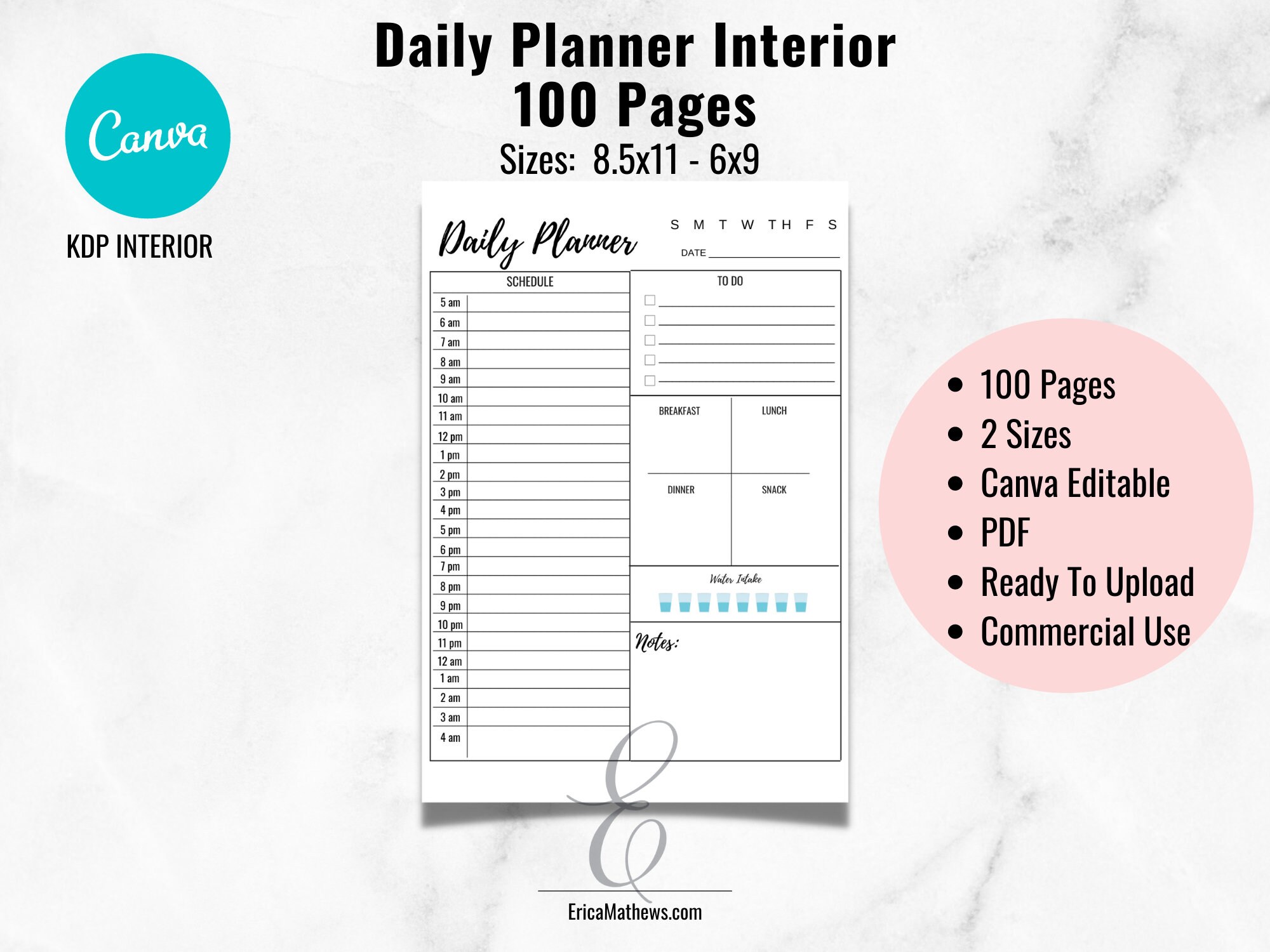 KDP Daily Planner Interior, 100 Pages, Canva Editable, Ready to Upload ...
