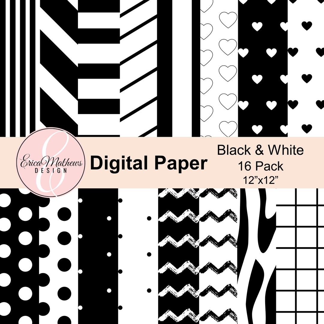 Digital Paper, Black & White, 16 Pack, Scrapbook Paper, Digital ...