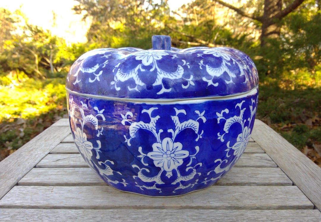 Vintage HUGE Chinese Blue & White BOWL PUMPKIN Ginger Jar Lid 10 Diam ...