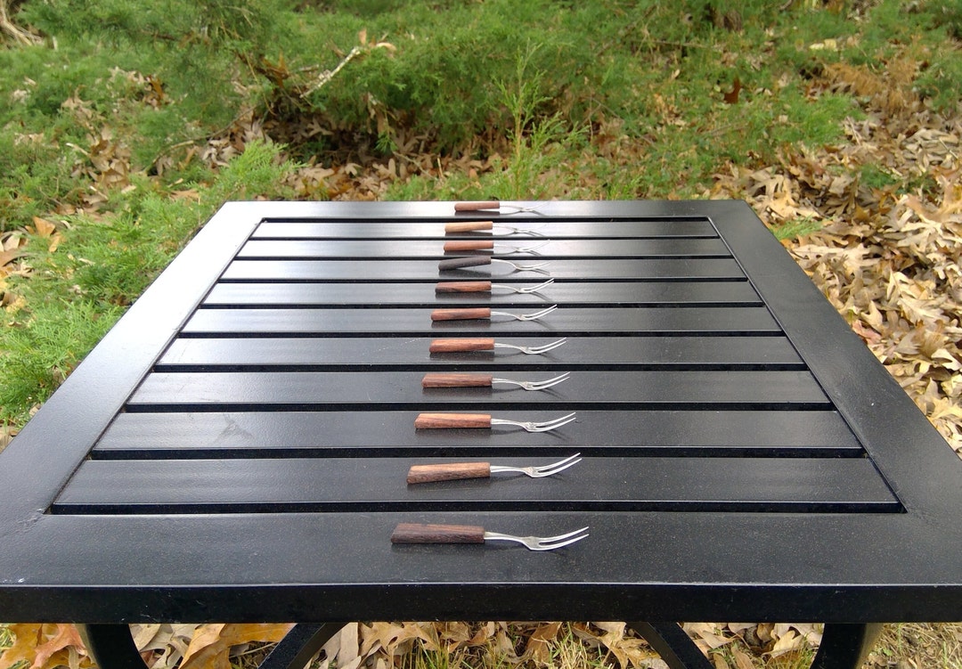 Mid Century 10 MINI Forks SLANTED Teak Wood Cool Ends Handles Stainless ...