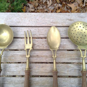 Vintage LARGE Solid Brass Utensil SET Wood Handles 4 Kitchen Serving ...