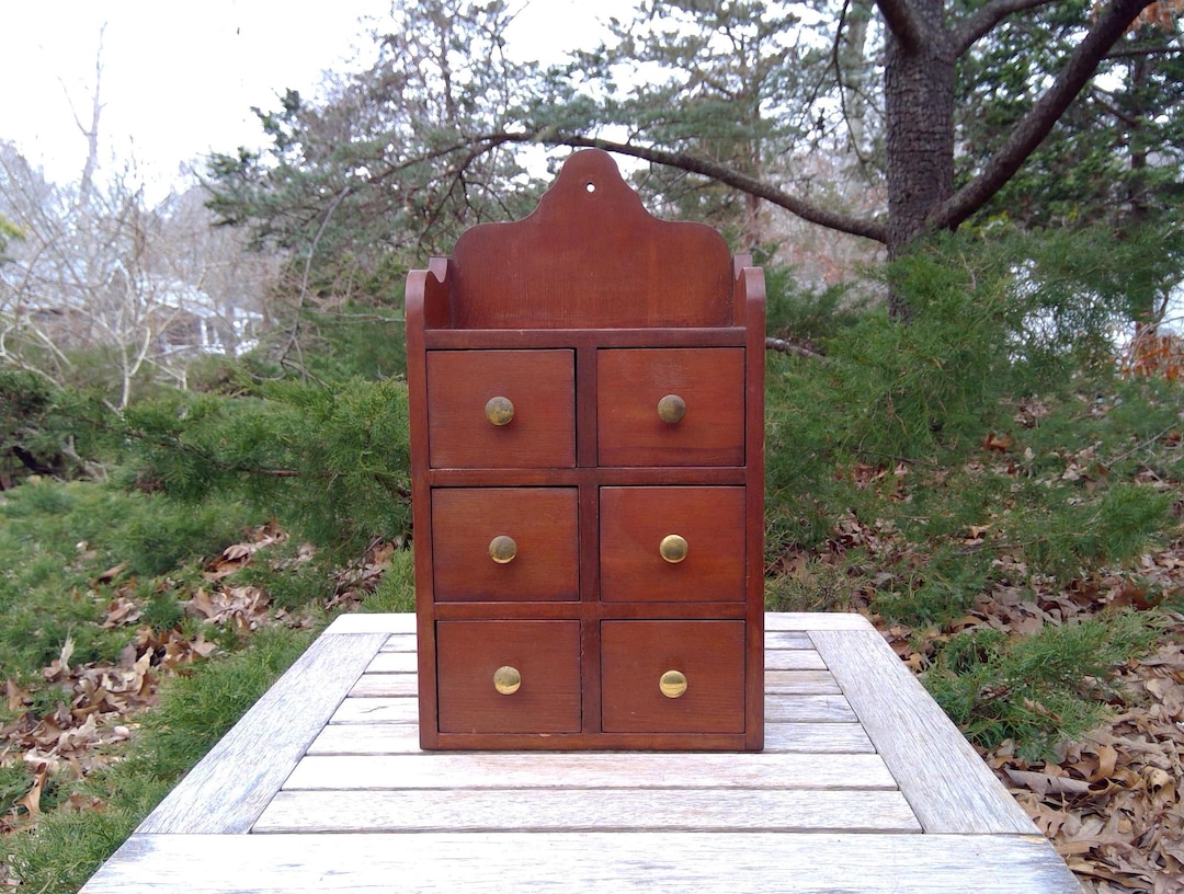 Antique Wood Spice CABINET Spice Rack Apothecary 6 Drawers BRASS Knobs ...