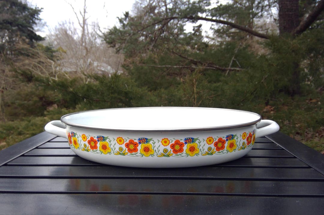 Vintage Enamel Roaster FLOWER POWER Oval Casserole Dish Roast Pan 70s ...