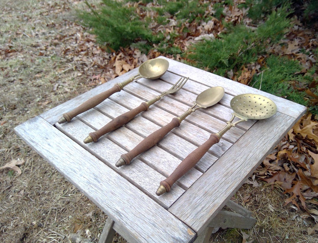 Vintage LARGE Solid Brass Utensil SET Wood Handles 4 Kitchen Serving ...