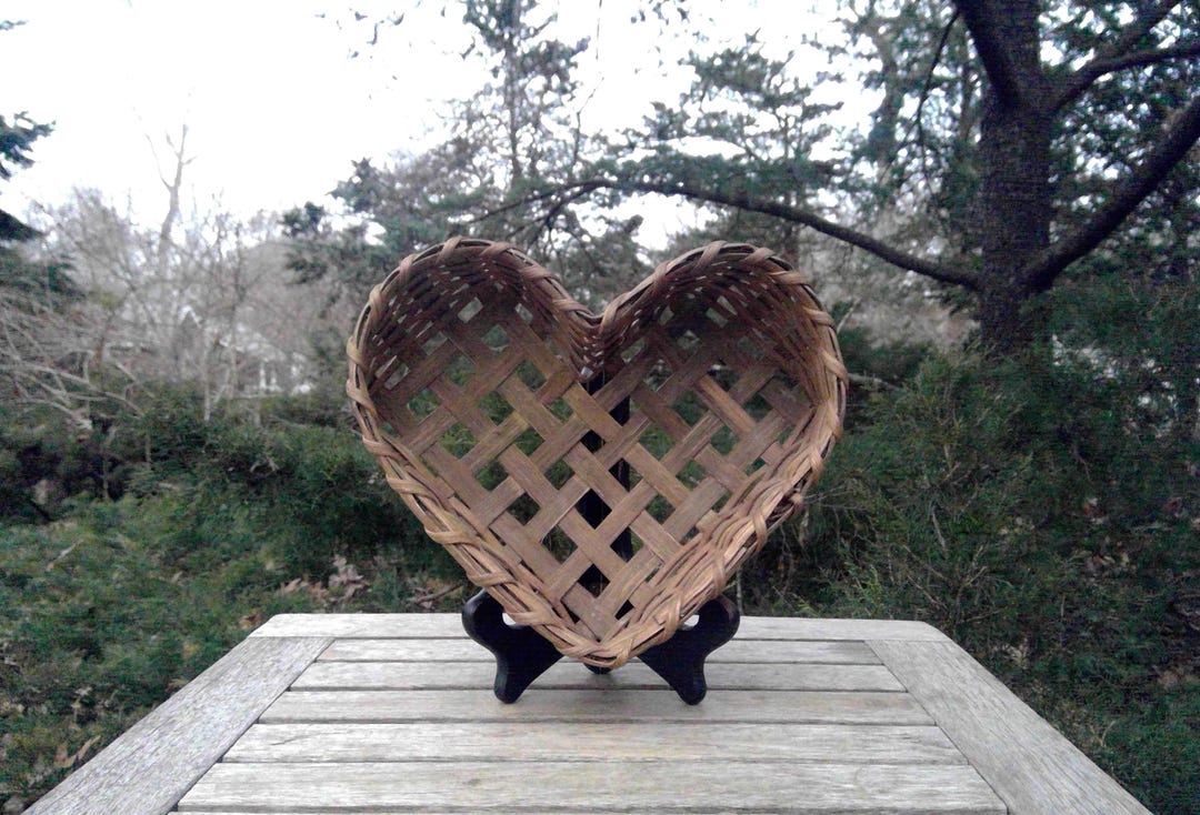 Vintage HEART SHAPED Splint Wood & Wicker BASKET Catchall Vanity Basket ...