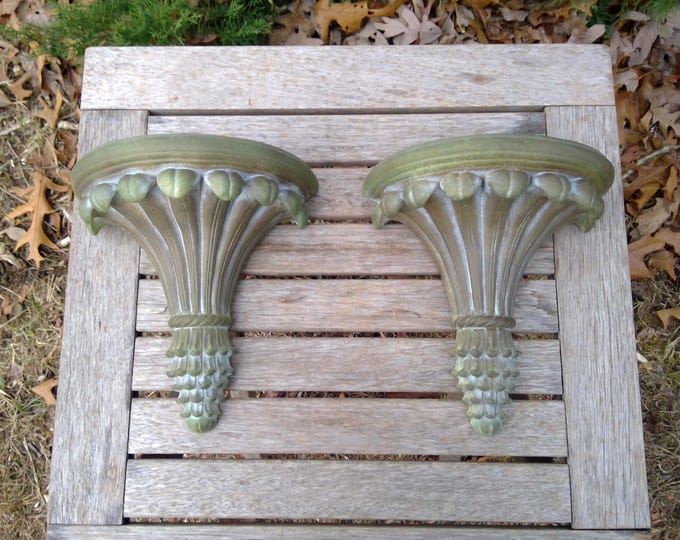 Vintage Wall Shelf Corbel SCONCES Pair Ornate Shelves Avocado Green ...
