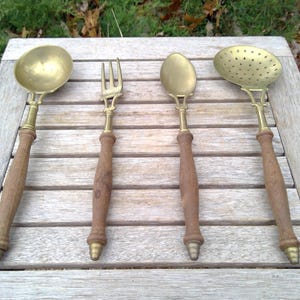 Vintage LARGE Solid Brass Utensil SET Wood Handles 4 Kitchen Serving ...