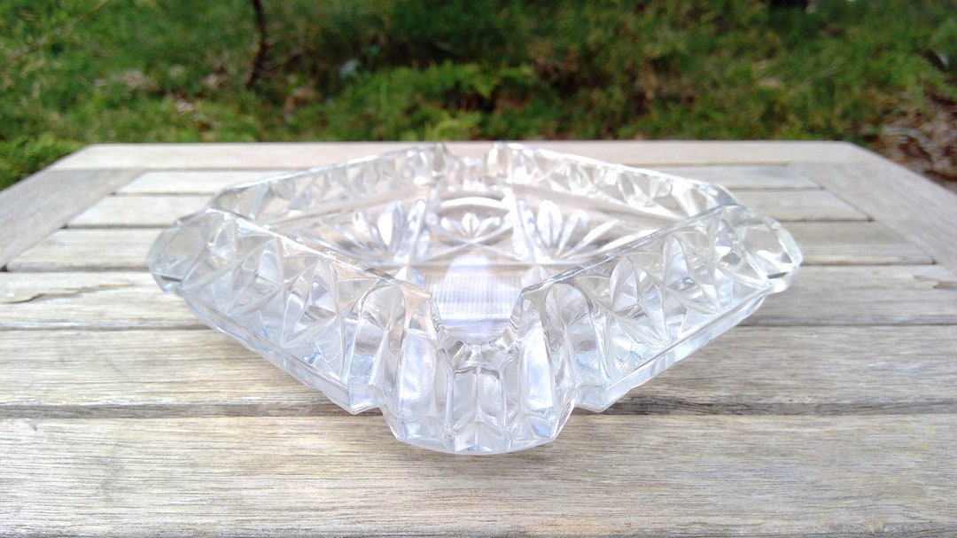 Vintage Crystal Glass Ashtray Art Deco Glam Cigar Cut Glass Heavy Thick ...