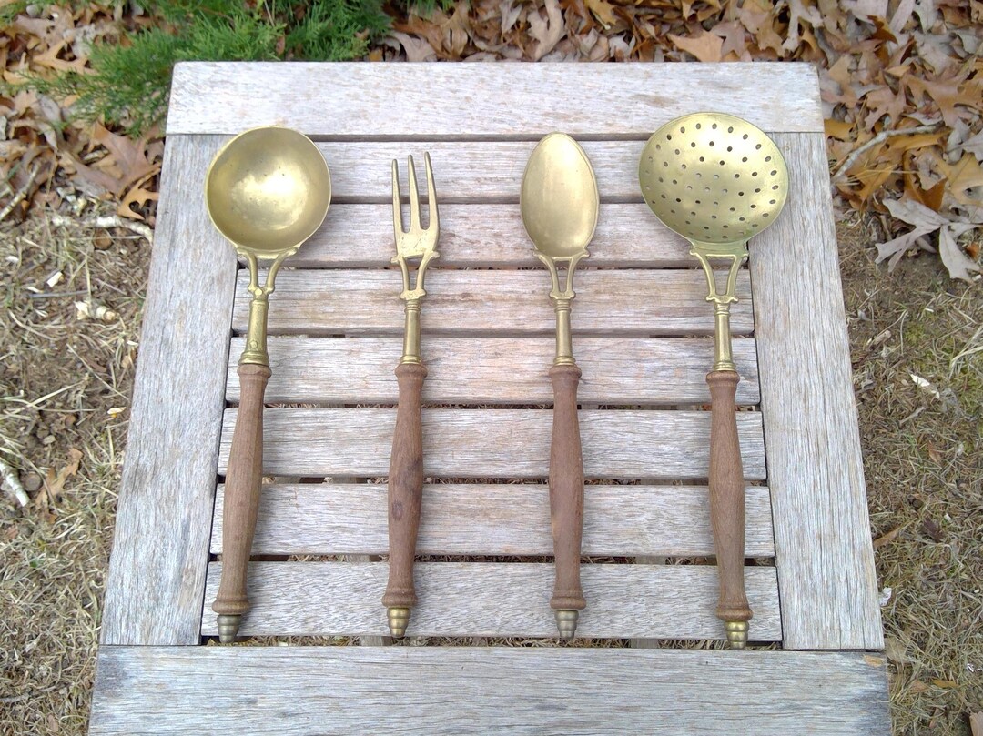 Vintage LARGE Brass UTENSIL SET Wood Handles 4 Four Kitchen Cookware ...