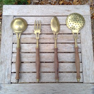 Vintage LARGE Solid Brass Utensil SET Wood Handles 4 Kitchen Serving ...