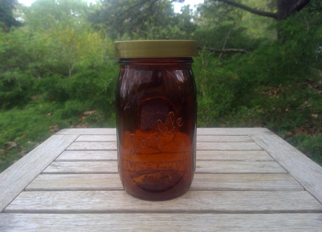 Vintage Longlife Amber Mason Jar Mesh Sprout Lid Glass Quart Bottle ...