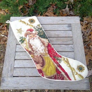 Vintage SANTA Needlepoint Christmas STOCKING Rare GOLD Sparkle Large ...