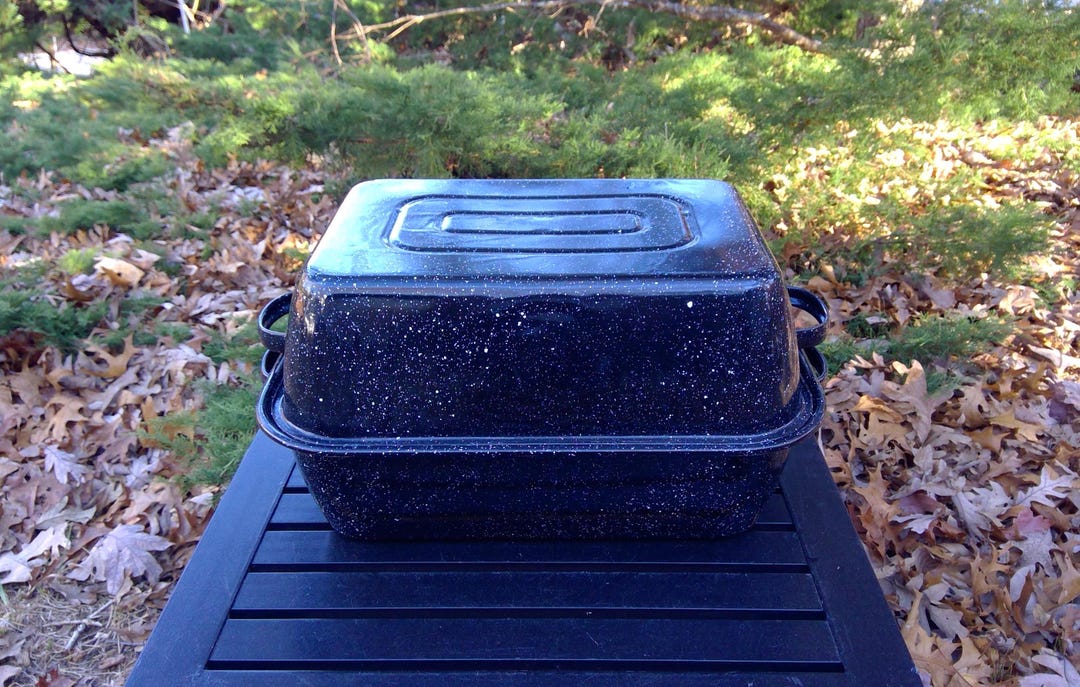 Vintage Large ROASTER Roasting Pan Black Speckled Graniteware ...