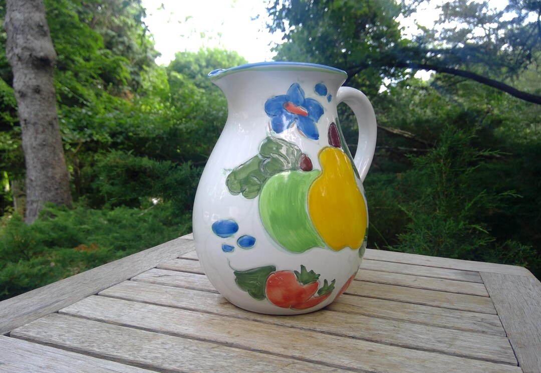Vintage Artisan Ceramic Water PITCHER Jug VASE 8 in Tall Hand Painted ...