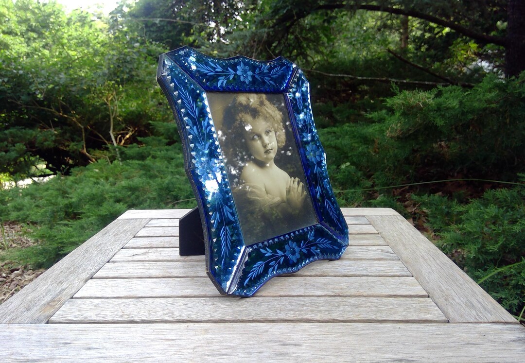 Vintage Cobalt Blue Glass Photo Frame FLORAL Mirrored Glass Nice Www ...