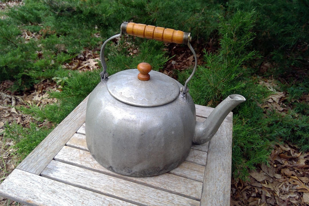 Vintage HUGE Cast Aluminum KETTLE With WOOD Handle Knob Flower Design ...