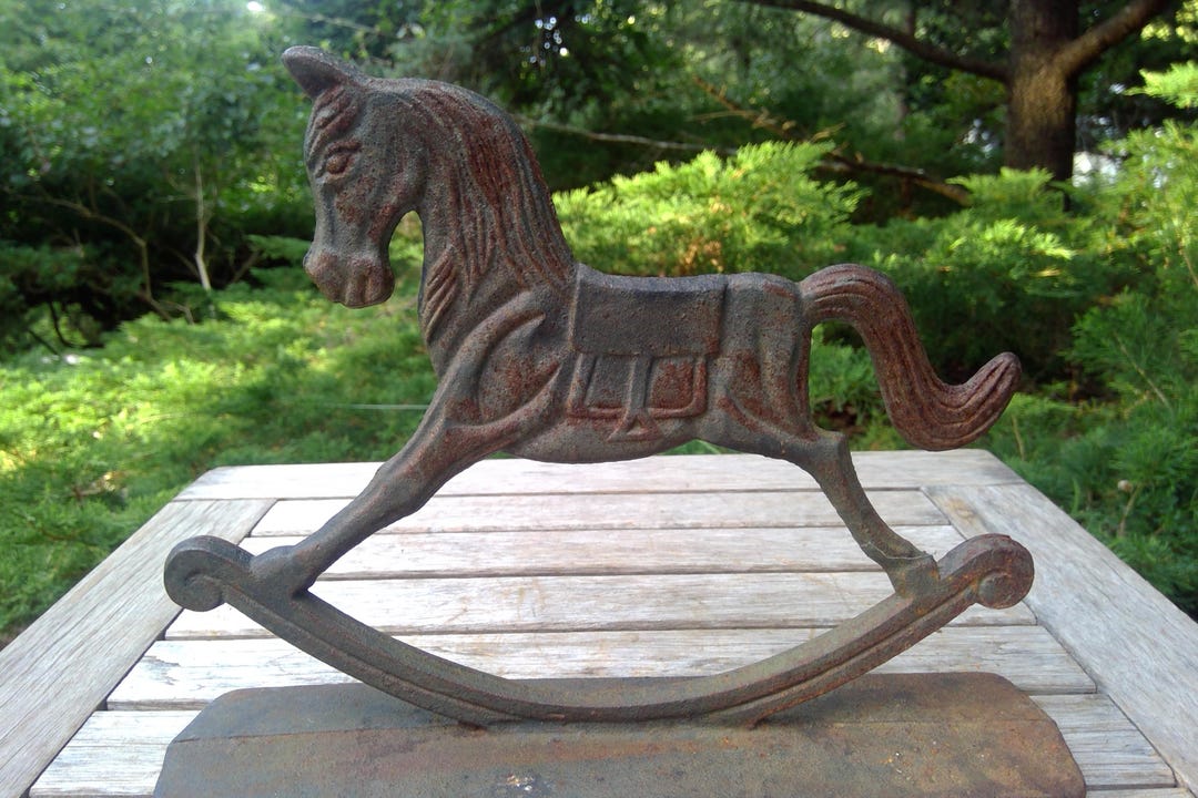 Antique Large Heavy Cast Iron Rocking HORSE Door Stop Horse Figurine ...