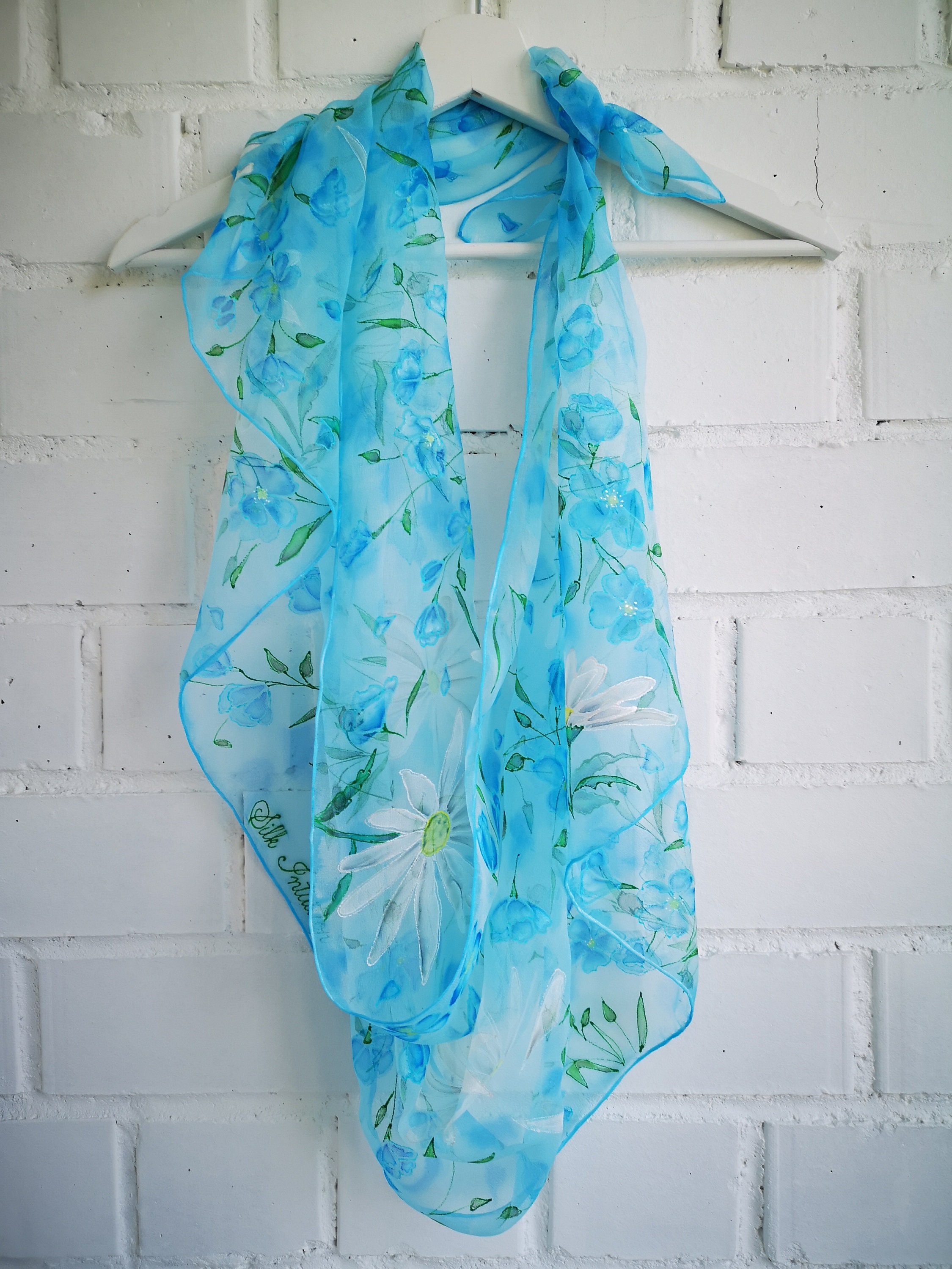 Blue Floral Silk Scarf flax and Daisy Chiffon Scarf Flax - Etsy