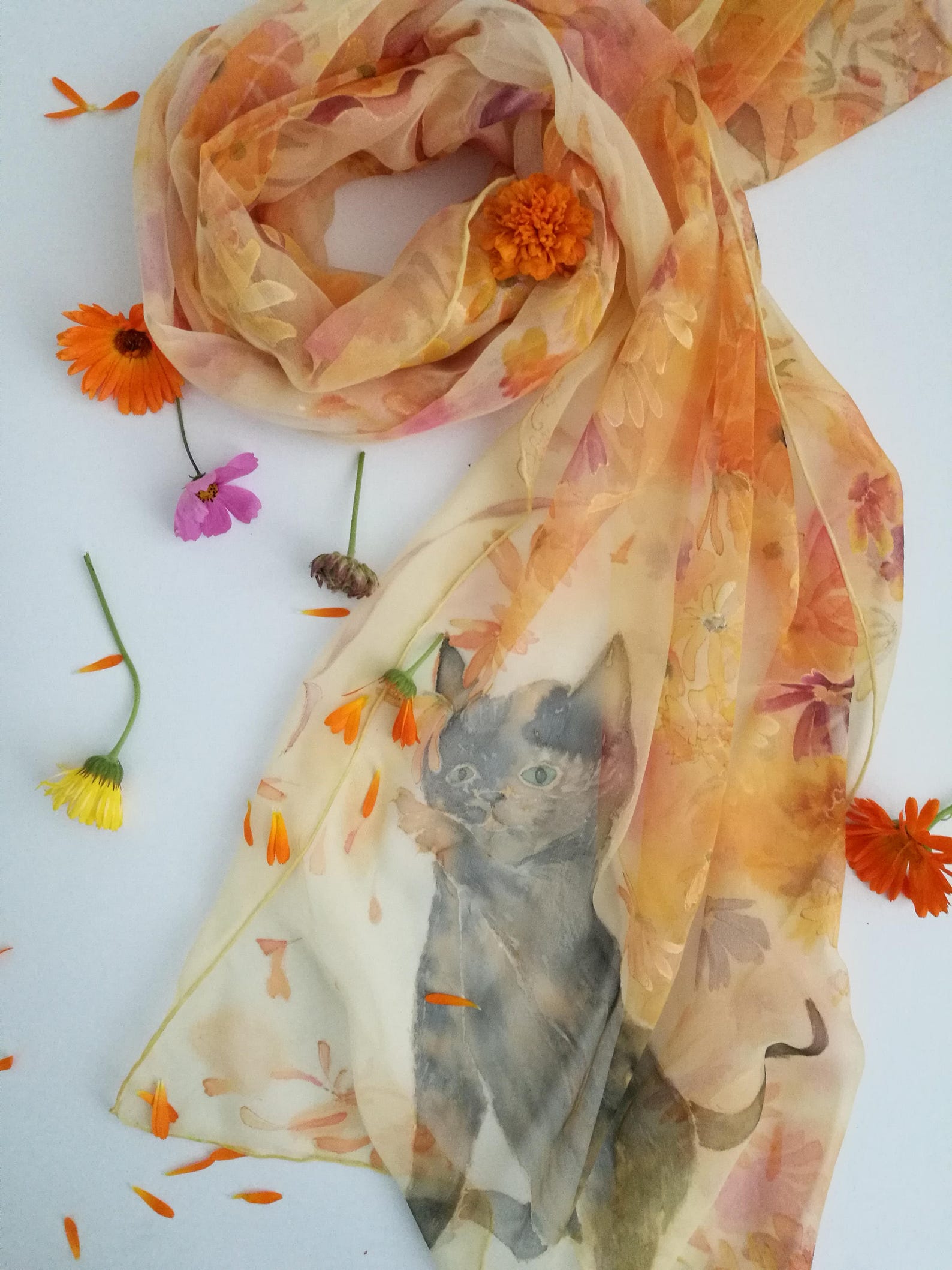 October Silk Chiffon Scarf Marigold Calendula Cosmos Beige - Etsy