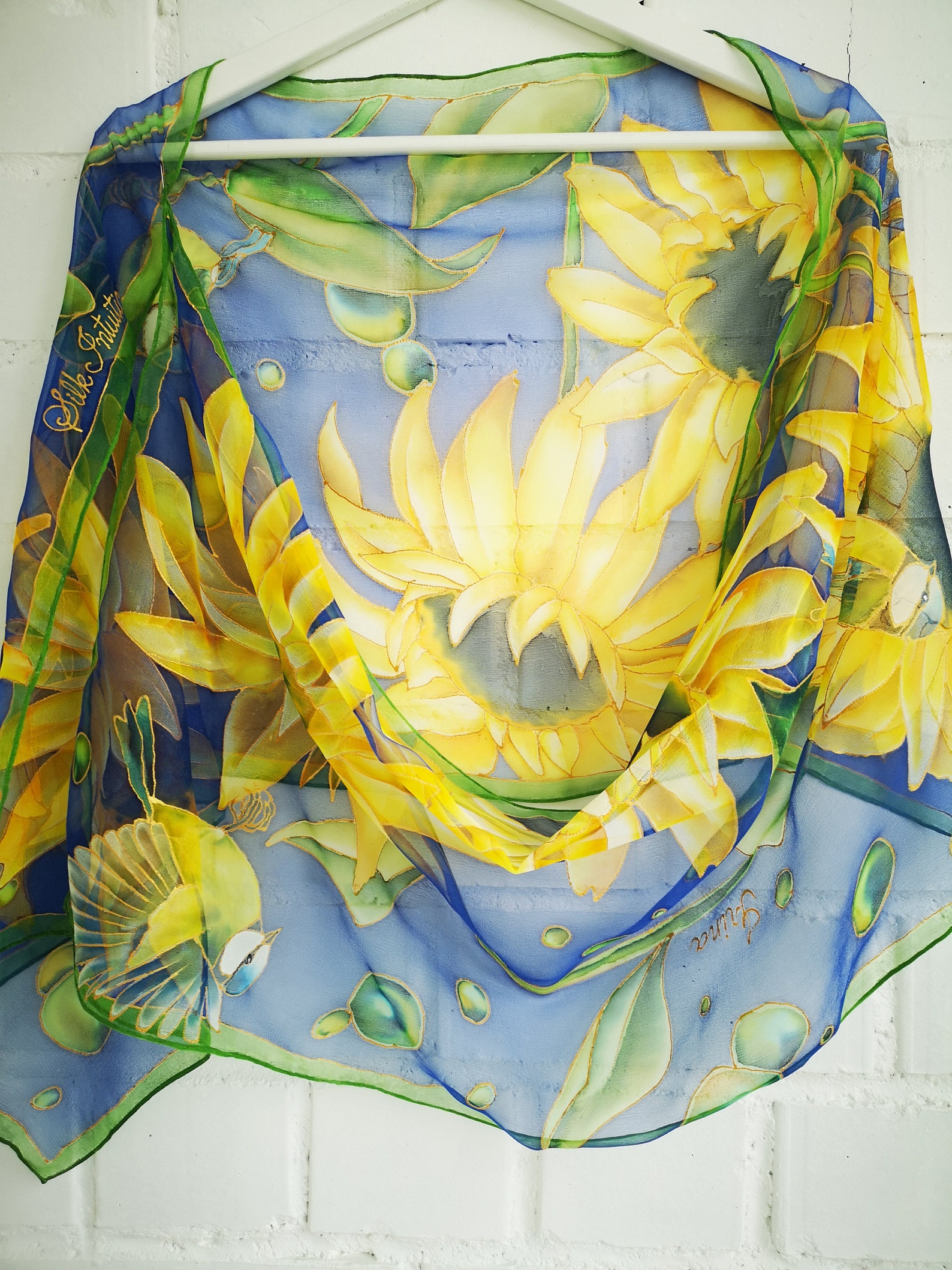 Sunflowers Silk Scarf hand Painted Flowers and Birds Scarf - Etsy