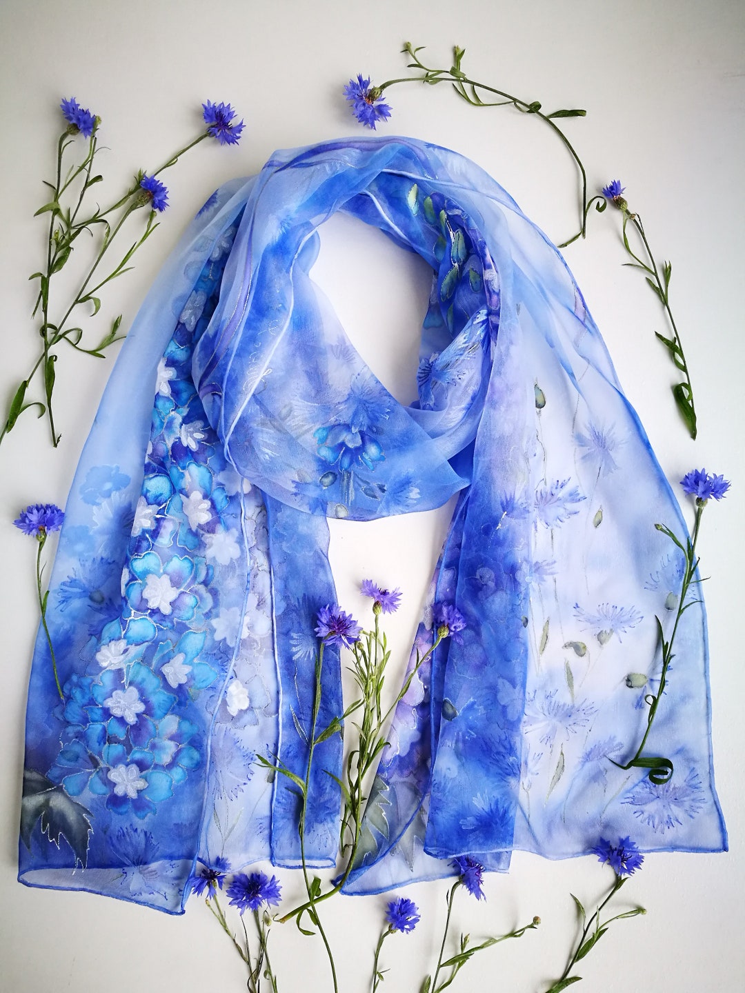 Delphiniums and Cornflowers Silk Chiffon Scarf -blue Hand Painted ...