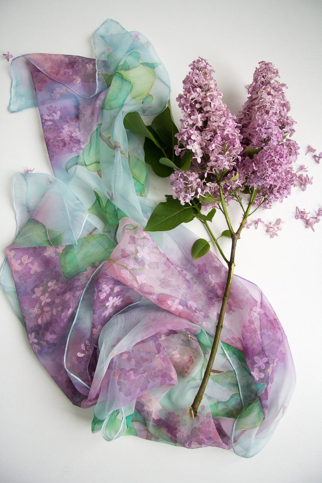 Lilac Scarf Purple Blue Grey Green Silk Scarves Hand Painted Chiffon Lilacs Long Scarf Pastel ...