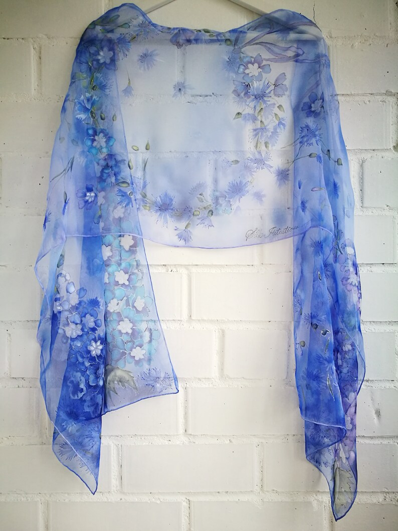 Delphiniums and Cornflowers Silk Chiffon Scarf blue Hand | Etsy