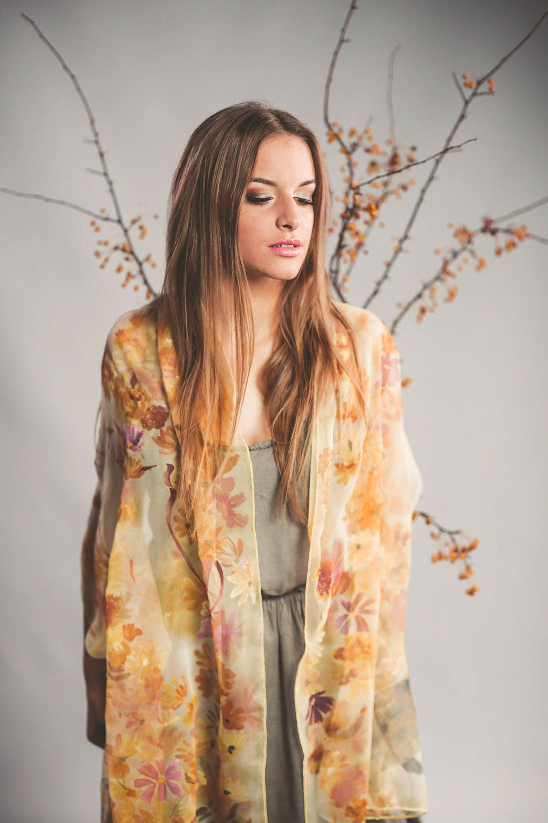 October Silk Chiffon Scarf Marigold Calendula Cosmos Beige Yellow ...