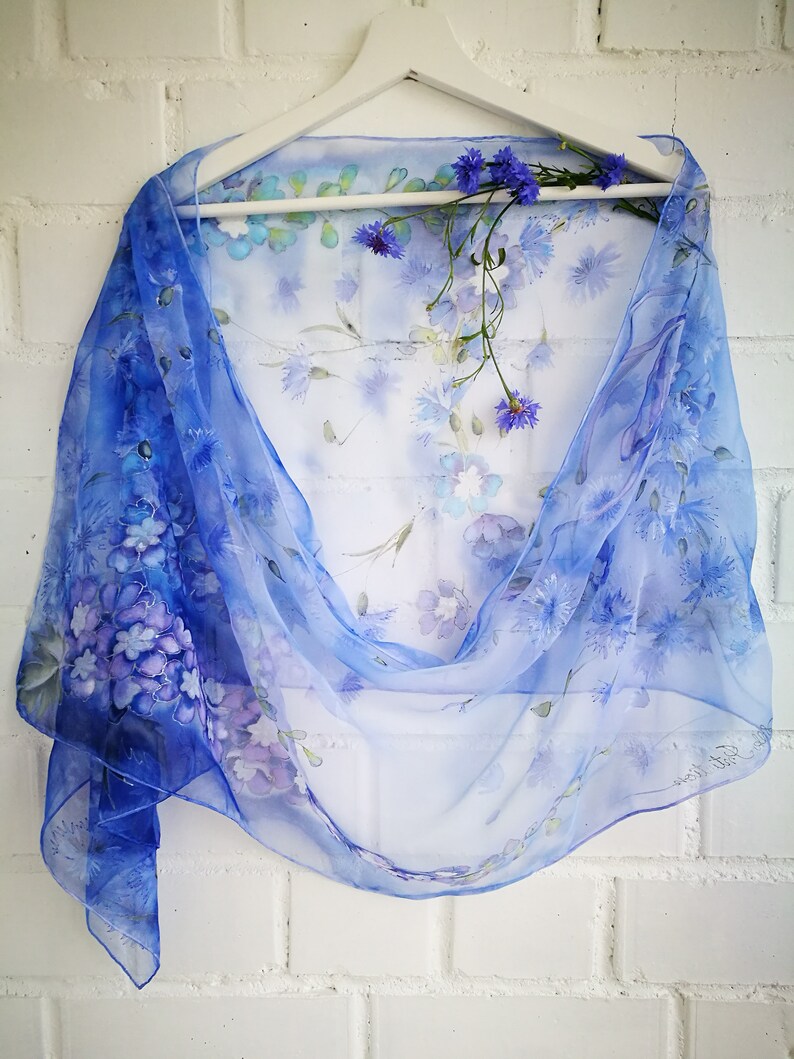 Delphiniums and Cornflowers Silk Chiffon Scarf blue Hand | Etsy