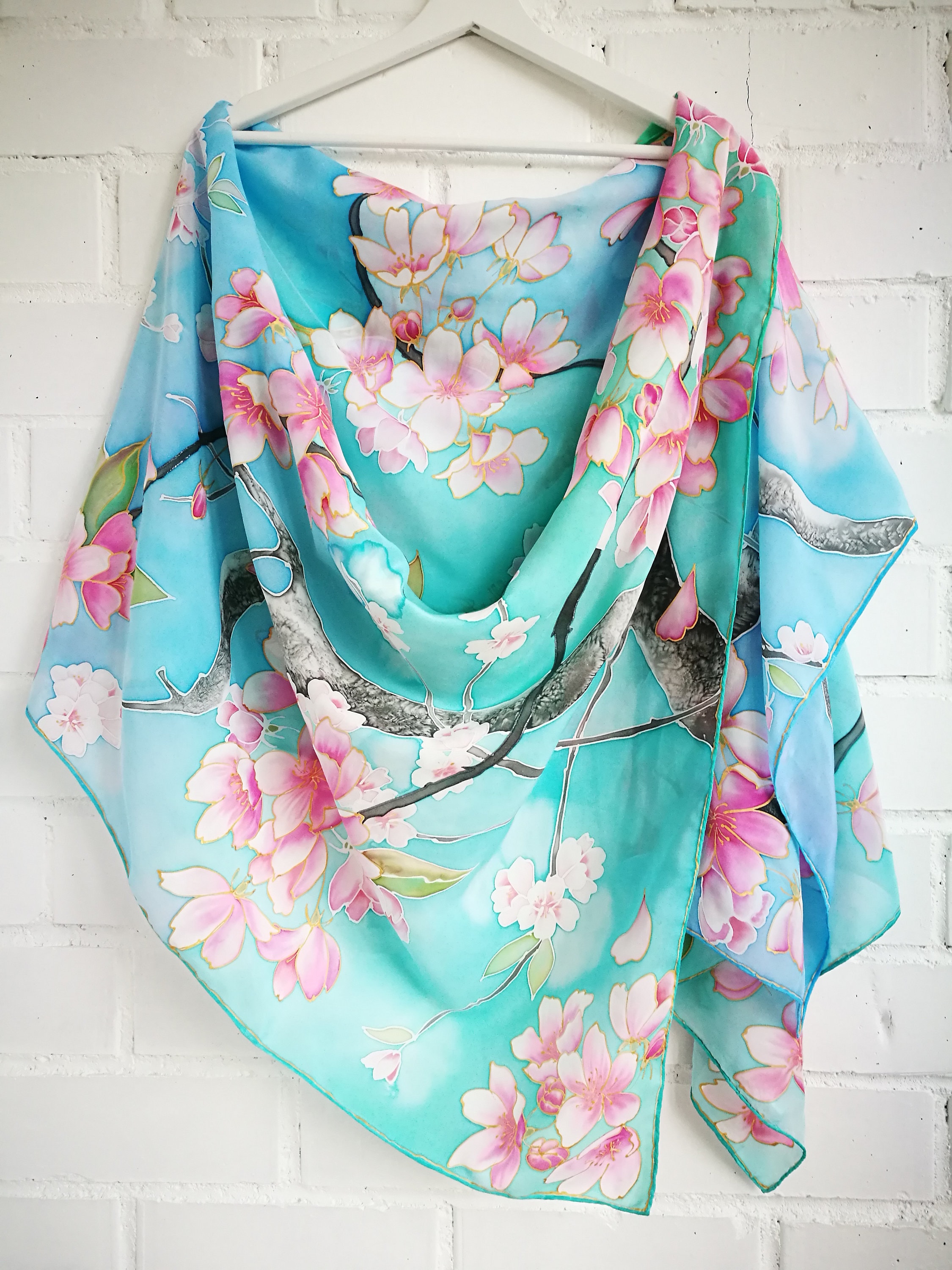 Cherry Blossom Silk Scarf Sakura Wrap Floral Silk Shawl Blue - Etsy