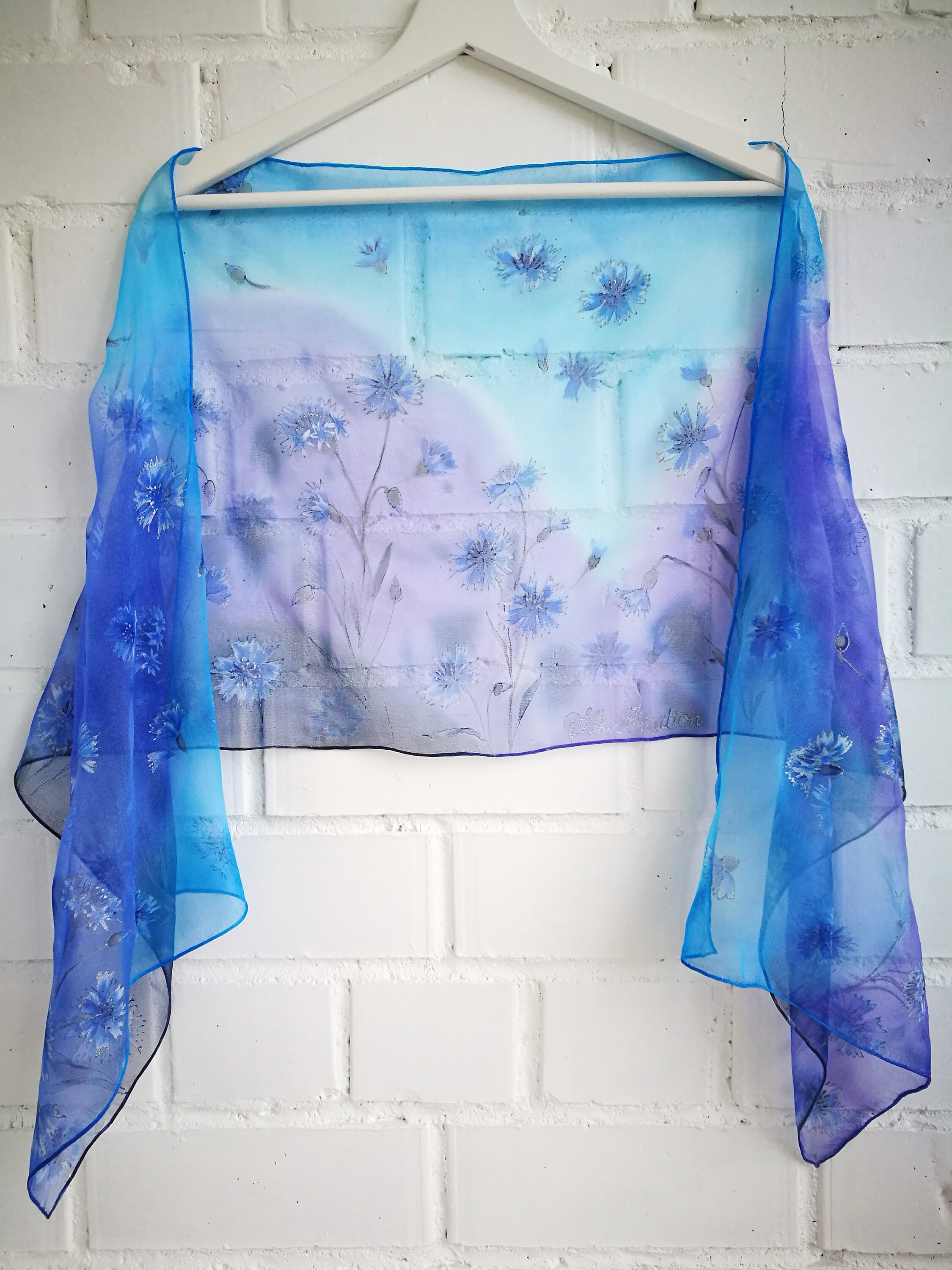 Hand-painted Cornflower Silk Chiffon Scarf: Blue Floral Shawl - Etsy